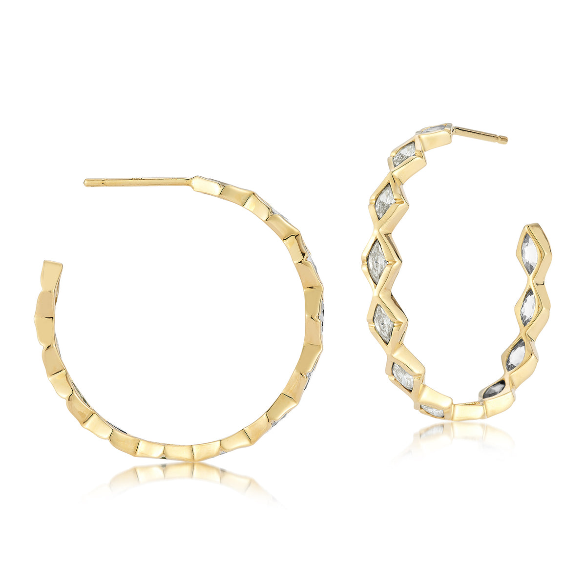 Made to Order 18K Gold Hand-Carved Hoop Earrings with Marquise Diamonds ...